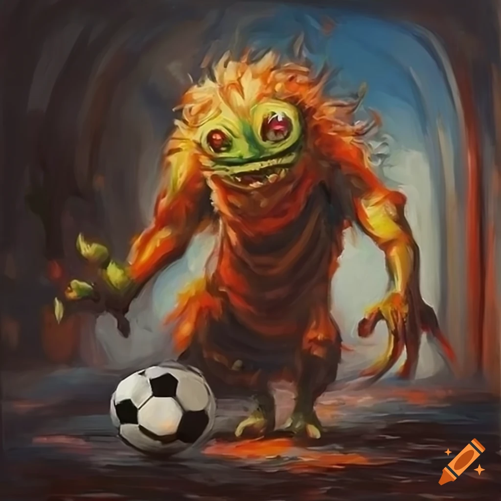 Oil painting of a monster playing soccer on Craiyon