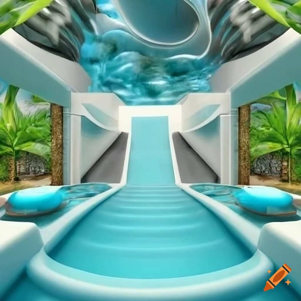 3d rendered surreal architecture of spa interior with pools and ...