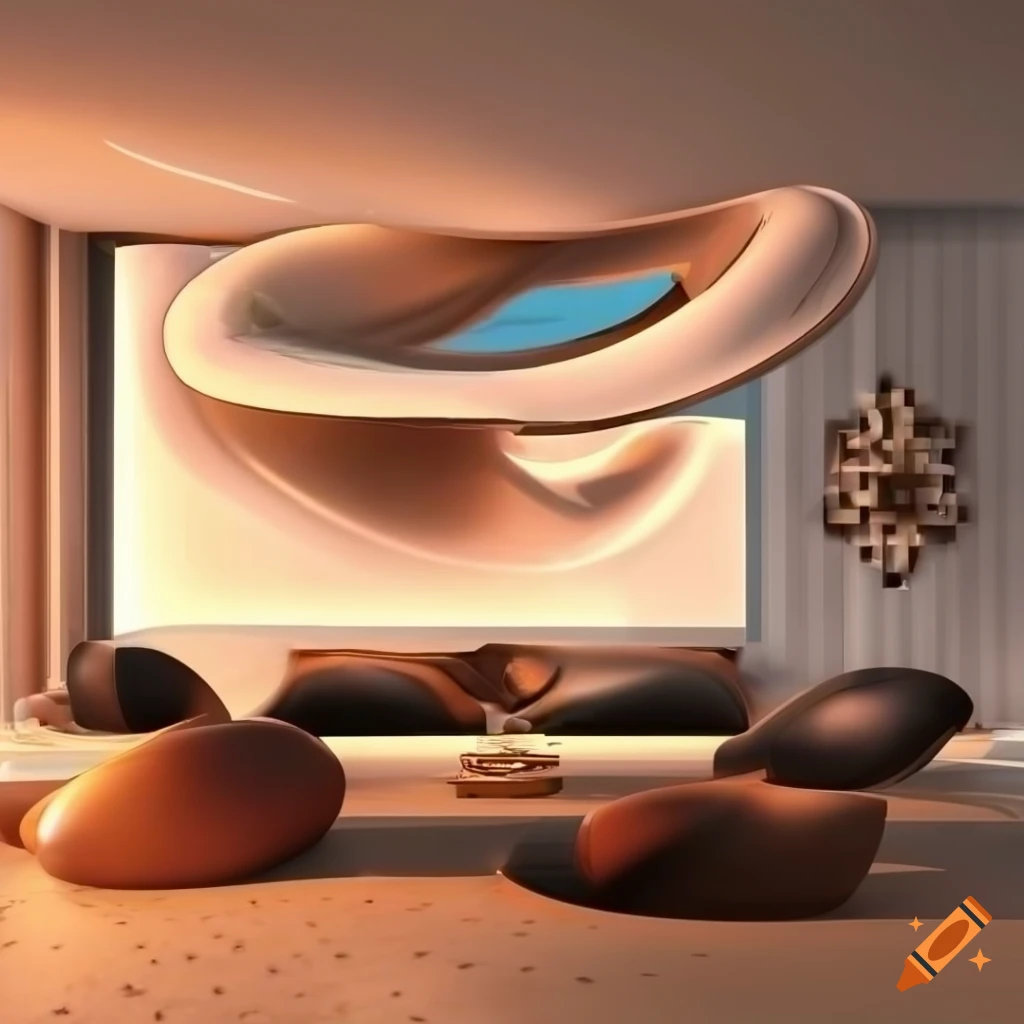 Surreal 3d rendered living room with pool hallway