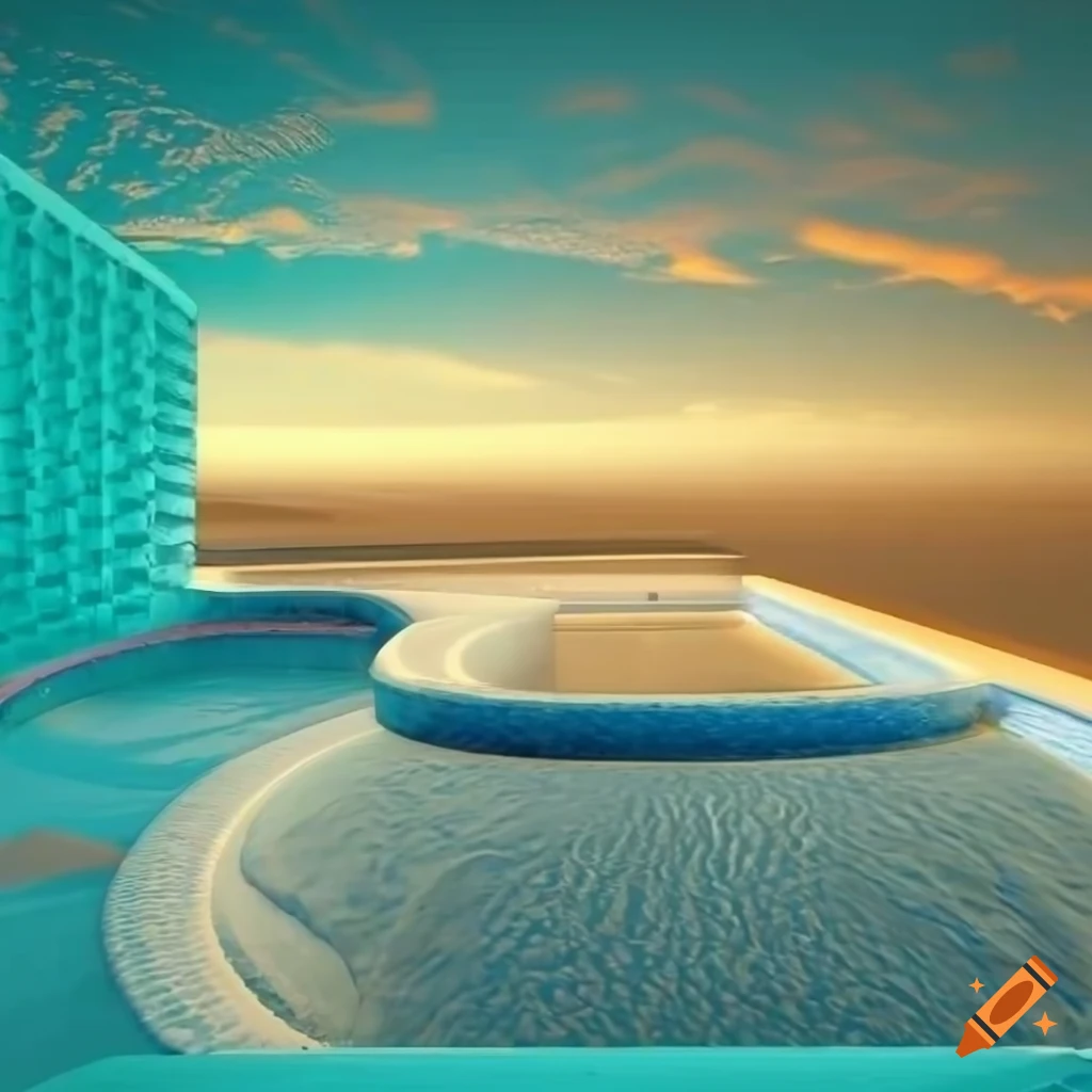 3d rendered surreal spa with pools and waterfalls on Craiyon