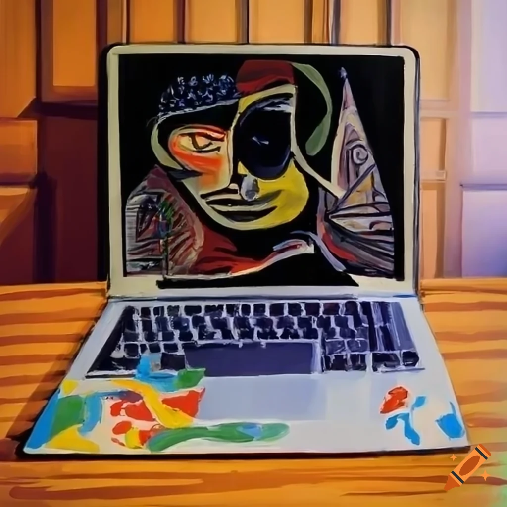 Pablo picasso's painting of a laptop on a desk on Craiyon
