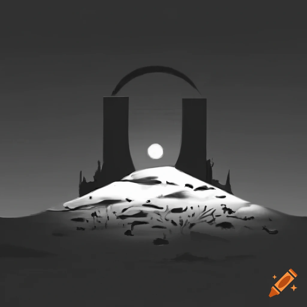Wide shot of a floating obelisk in a barren landscape