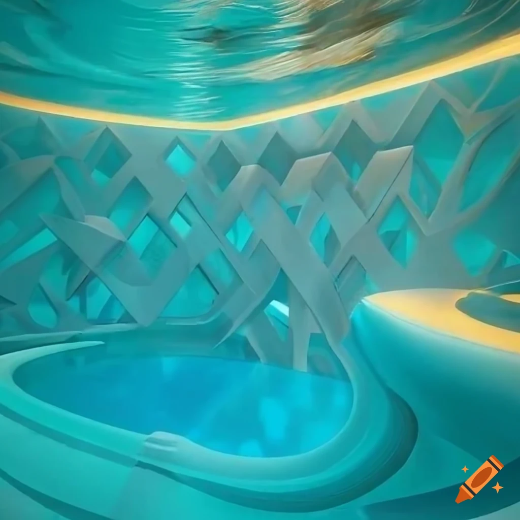 3d rendering of a surreal spa with pools and waterfalls