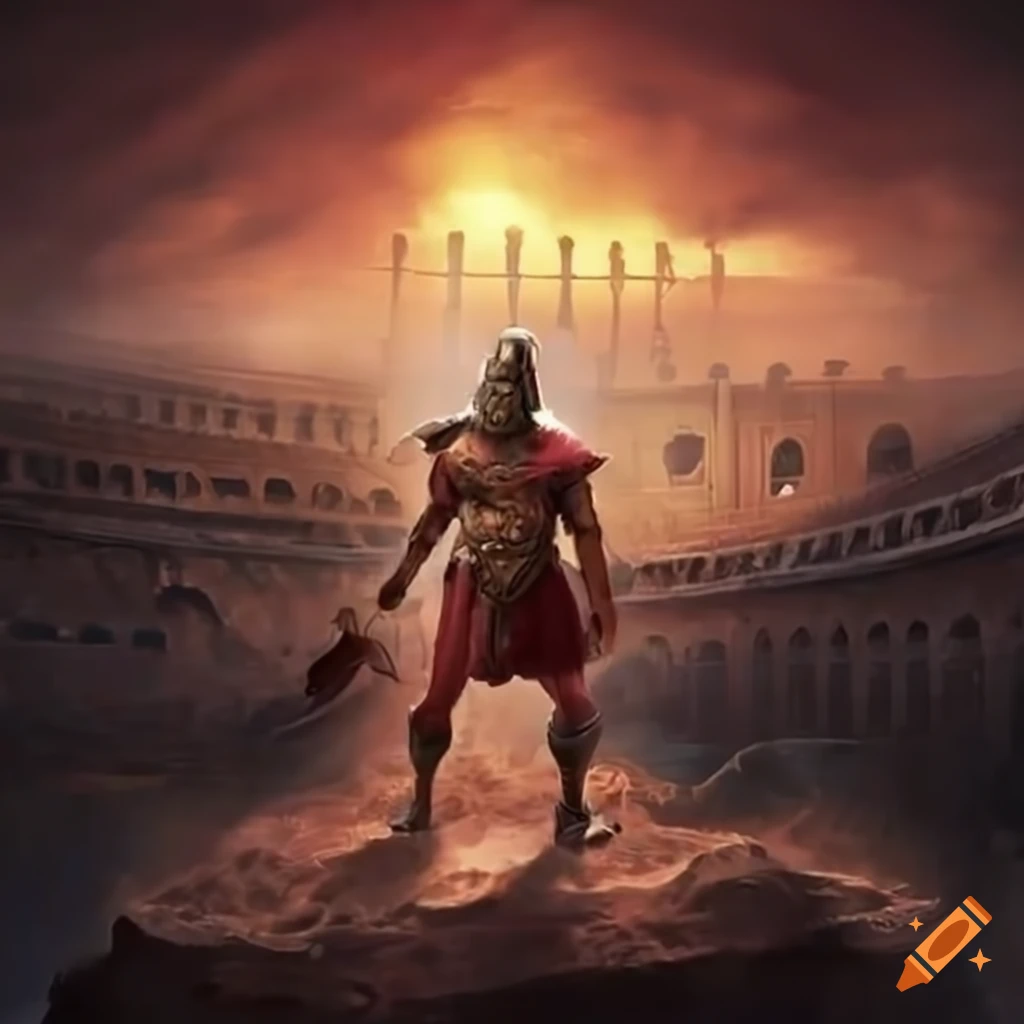 Gladiator victoriously raising arm in arena on Craiyon