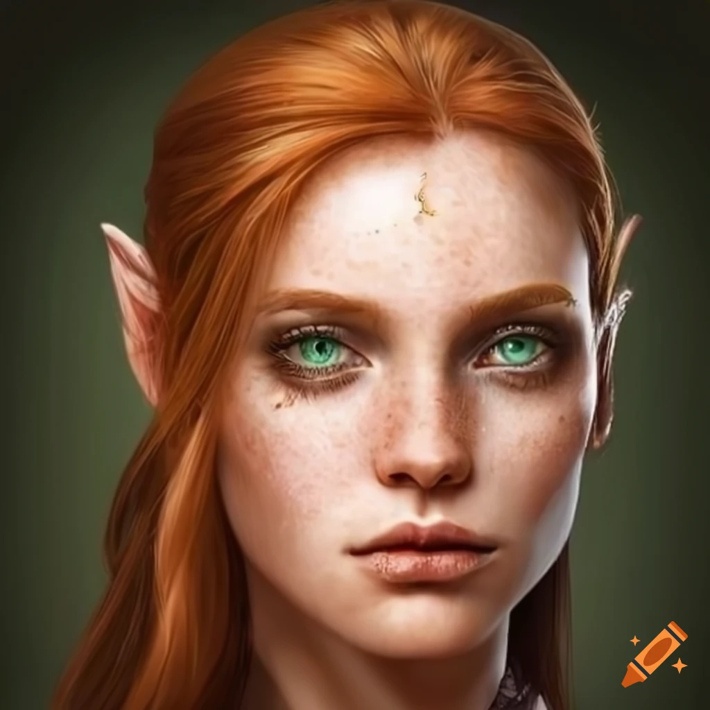 Art of an auburn haired elven woman with green eyes and freckles on Craiyon