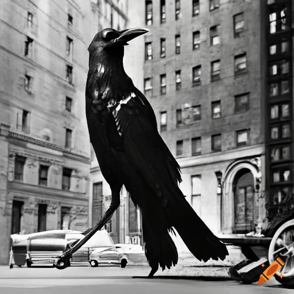 Artistic depiction of a humanoid crow in 1940s new york on Craiyon