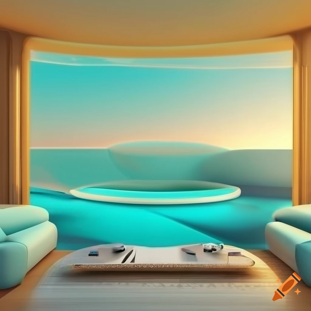 3D rendered surreal living room with computer workspace and pool ...