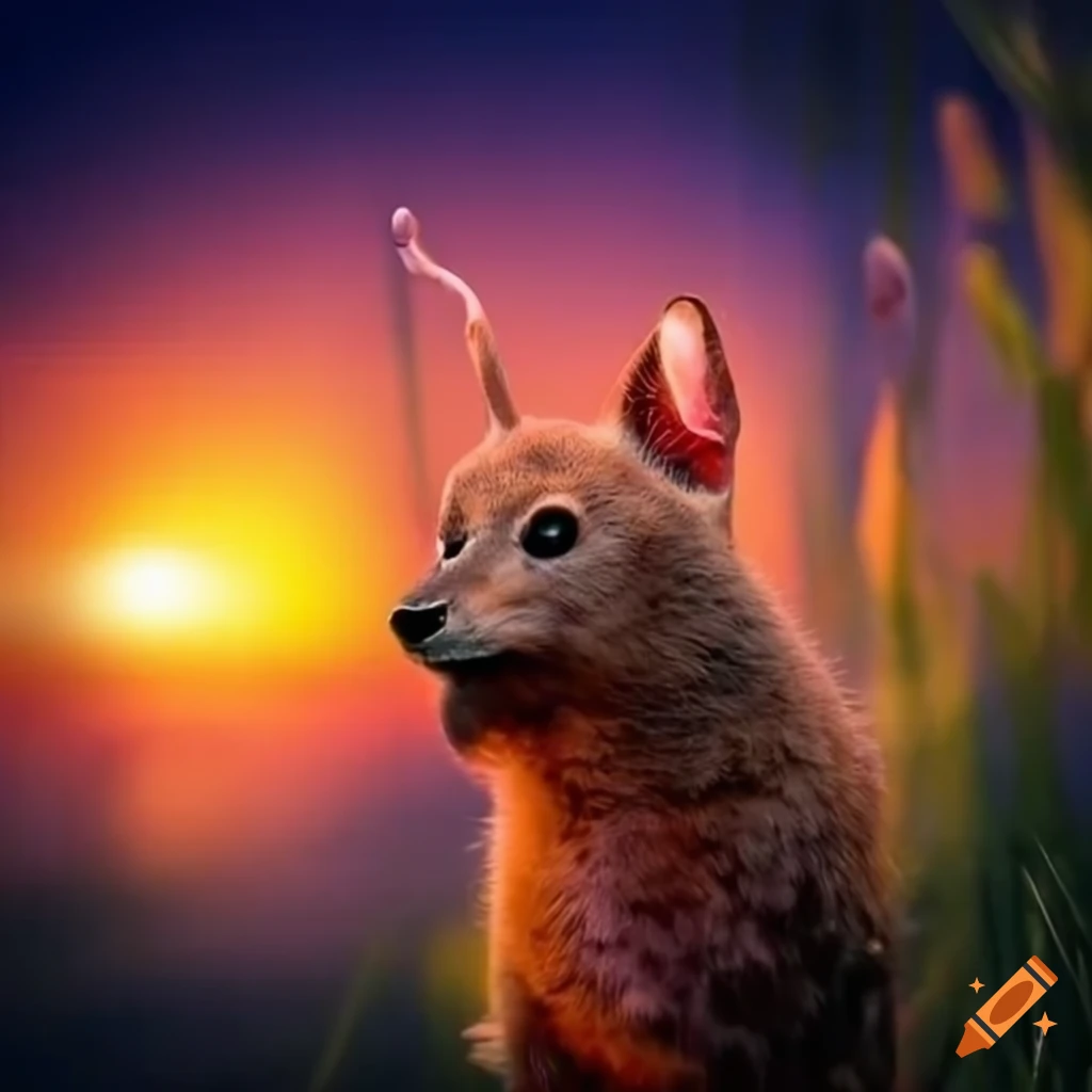 Adorable animals in a meadow at sunset on Craiyon