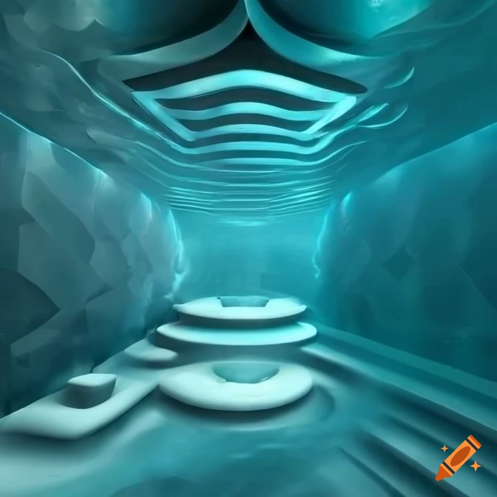 Surreal 3D rendering of an underwater spa with pools and waterfalls on ...