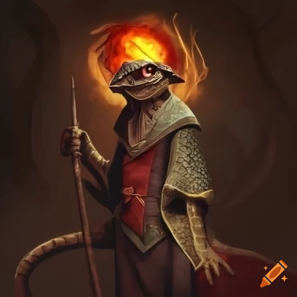 Image of a lizard folk sorcerer with a fireball on Craiyon