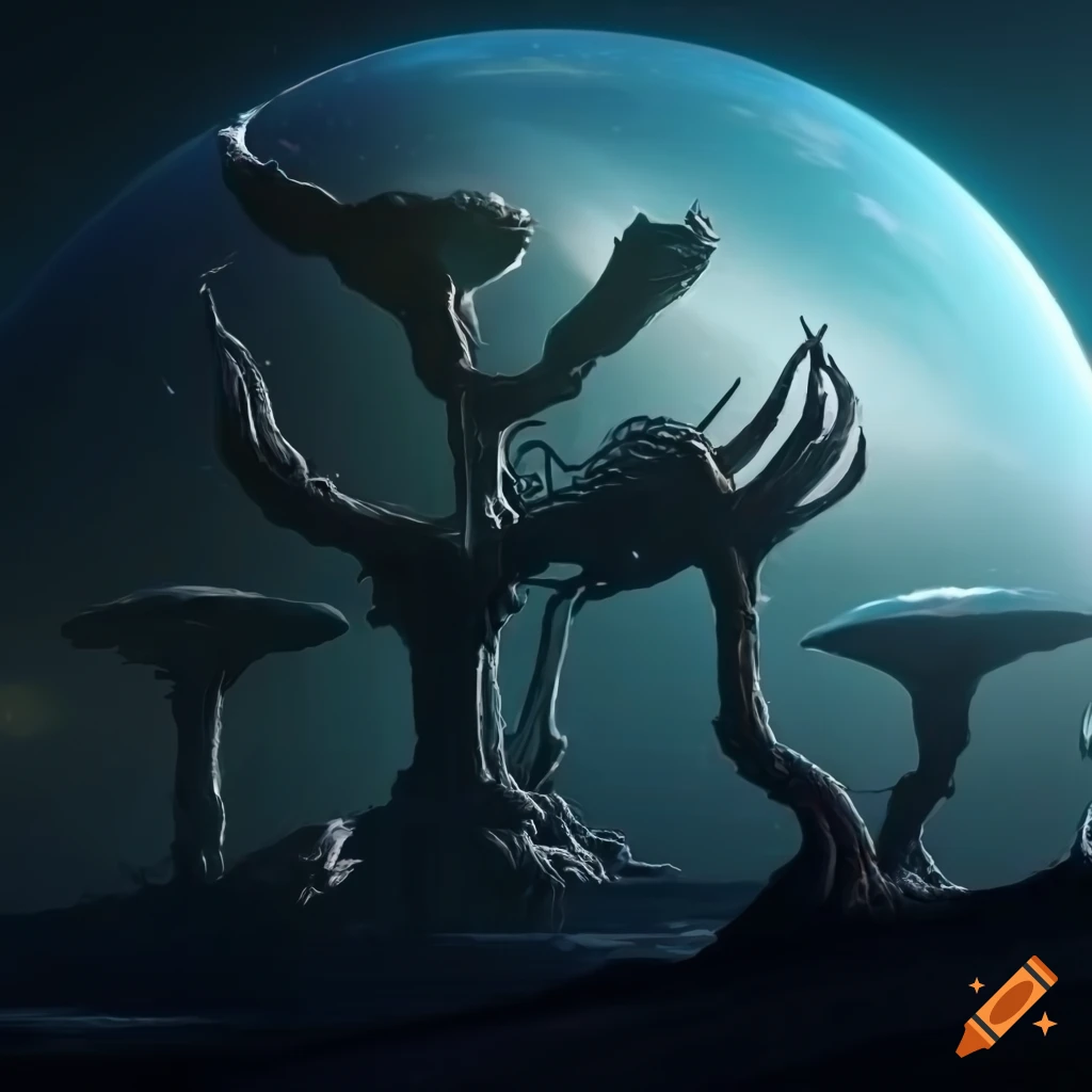 Sci-fi landscape with alien plants and a spaceship on Craiyon