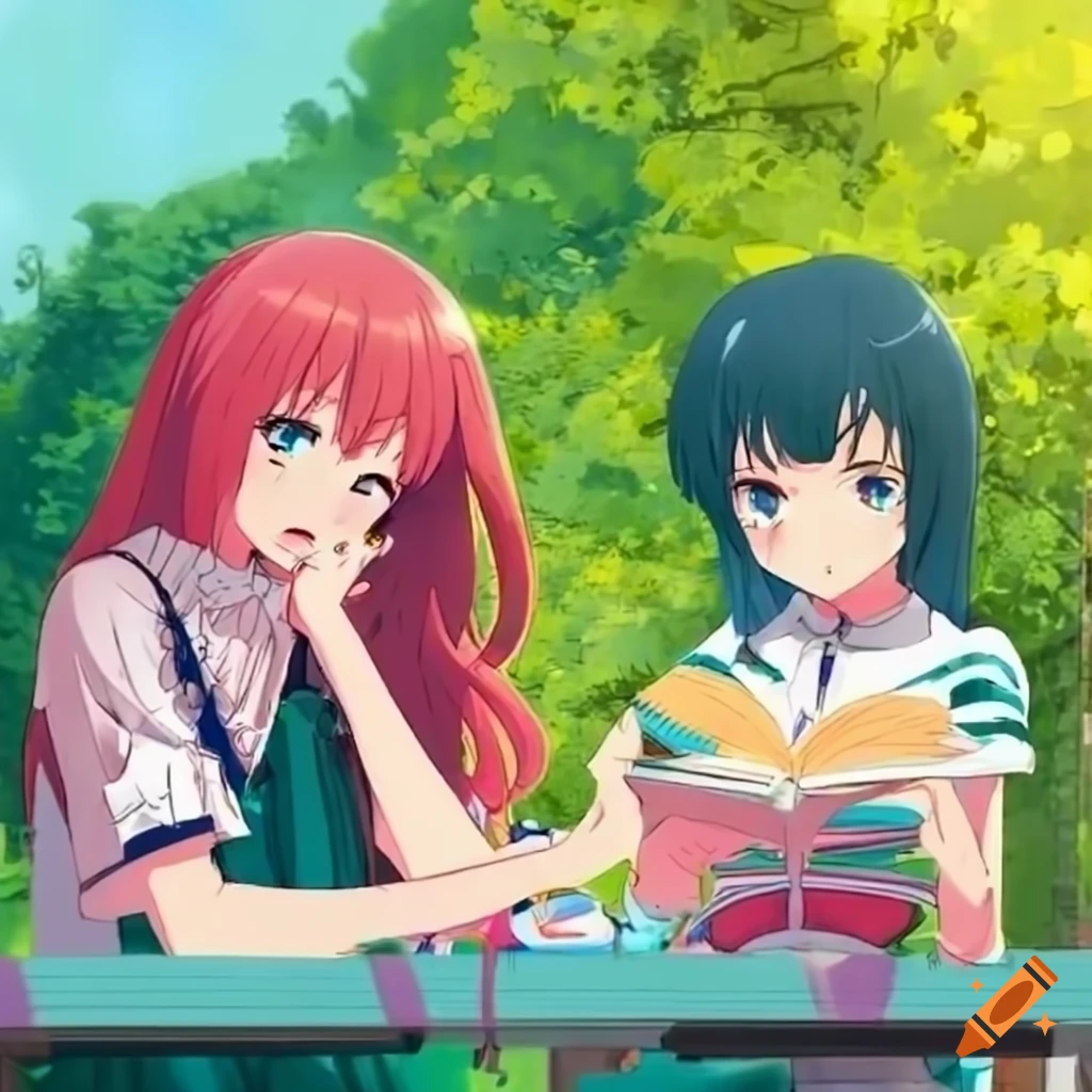 Anime girls discussing scientific books at a greeny terrace