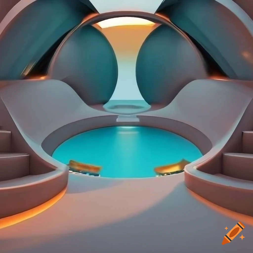 3d rendered surreal spa interior with pools and fountains