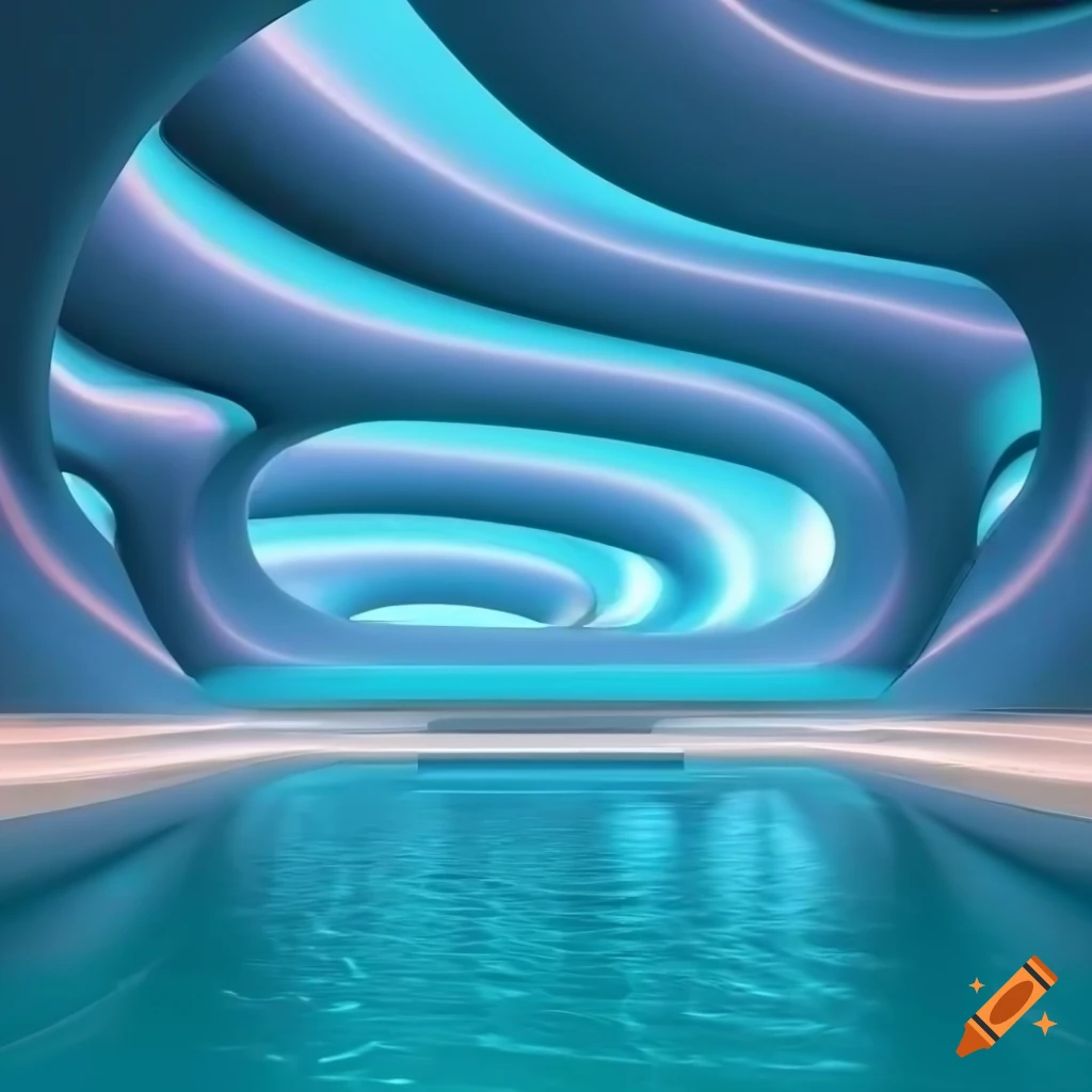 Blue hour living room with computer workspace and pool hallway on Craiyon