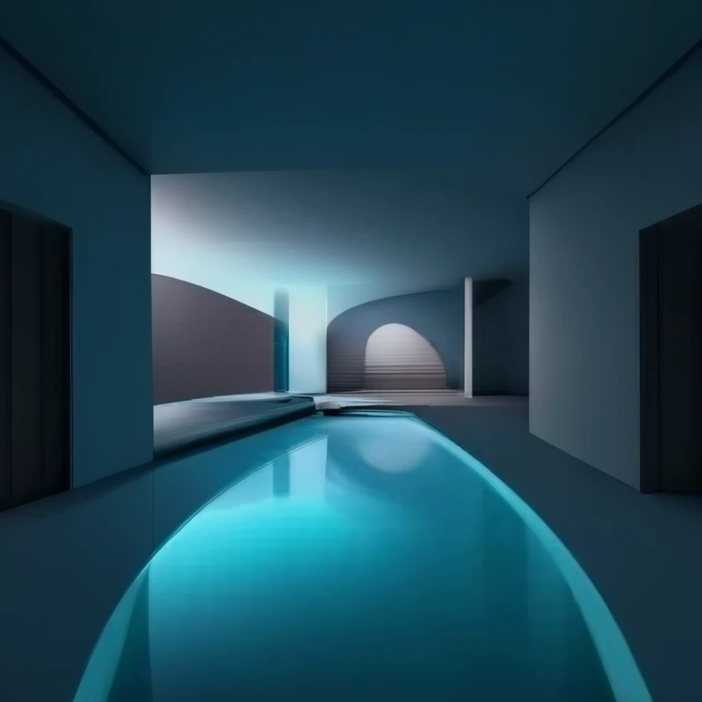 Surreal 3d rendering of a dark living room with a pool hallway on Craiyon