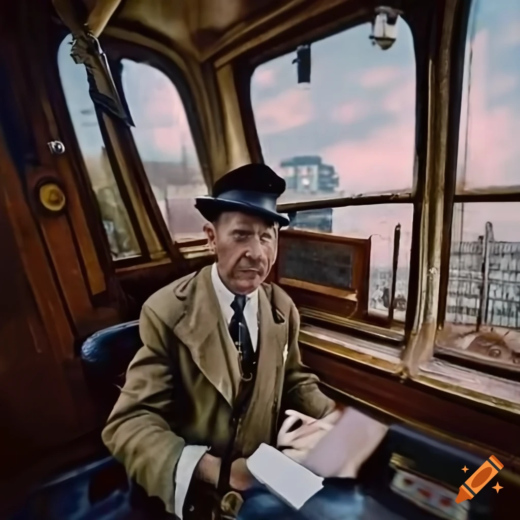 1940s portrait of a tram conductor issuing a ticket on Craiyon