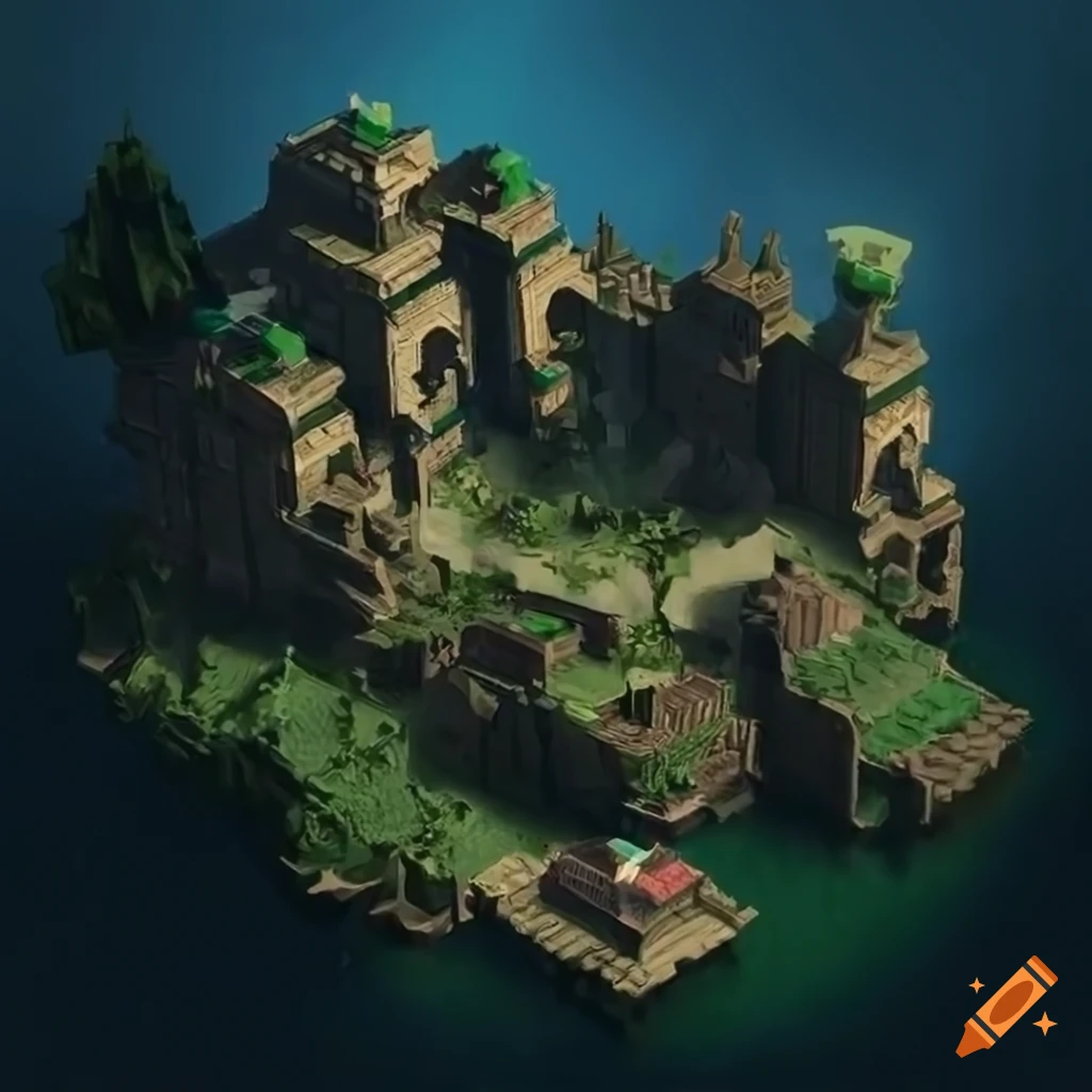 Detailed modular isometric concept art of outdoor terrain on Craiyon