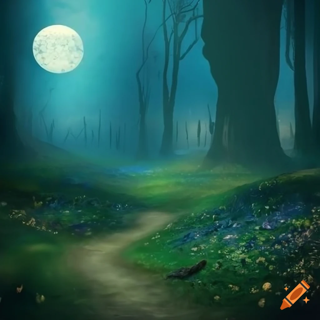 Magical crossroads in an enchanted land at night on Craiyon