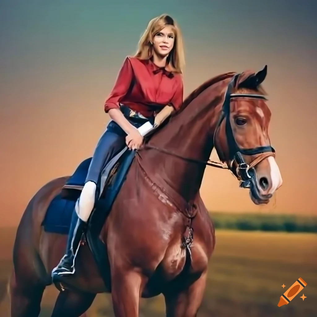 Close-up photograph of olga kurylenko as a horse-rider on Craiyon