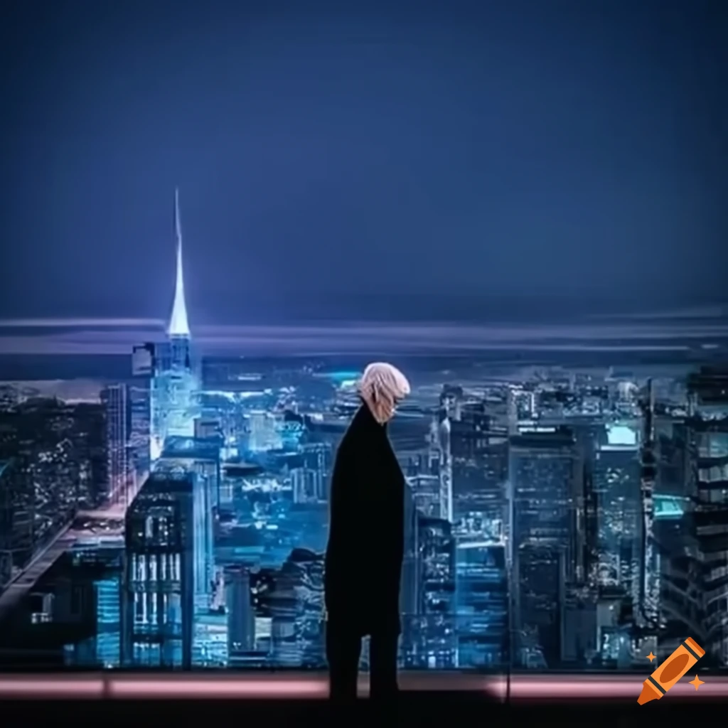 Gojo standing on a skyscraper on Craiyon