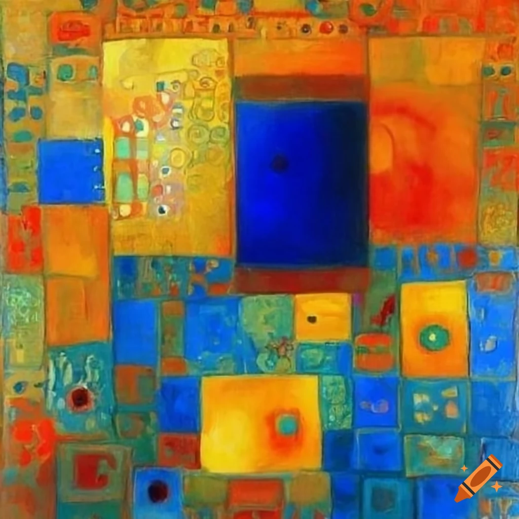 Abstract art with blue squares and colorful poppies on Craiyon