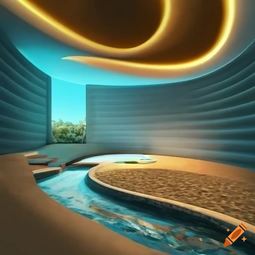 Liminal dream from a balcony with a shallow pool and white tile texture ...