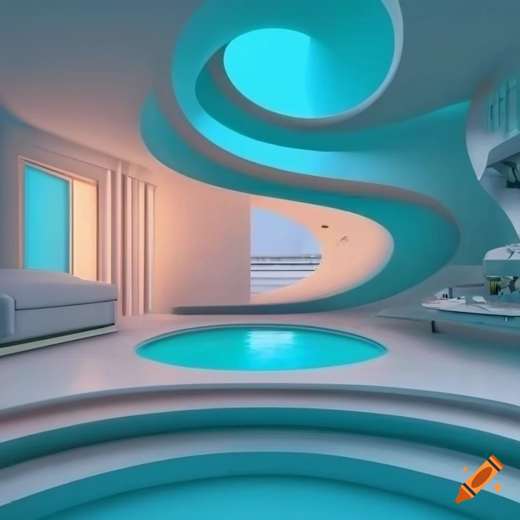 Surreal architecture living room with computer workspace and pool ...