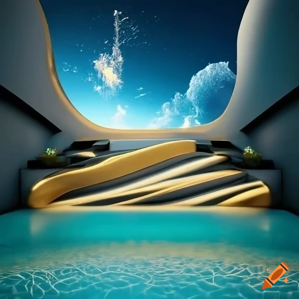 Surreal 3d rendered architecture of a spa with pools and waterfalls