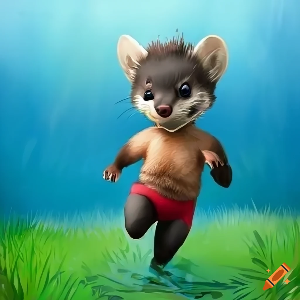 Illustration of a furry pine marten running by the lake on Craiyon