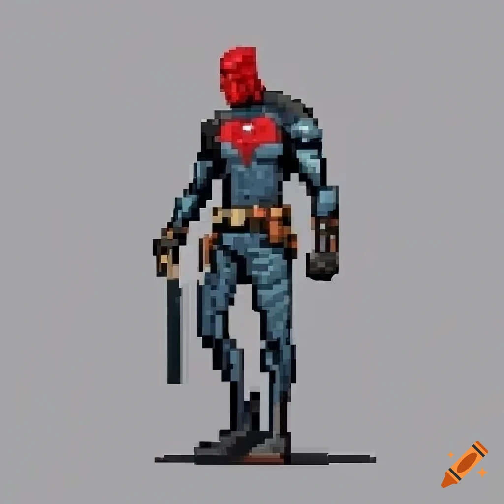 Pixel art of red hood in a battle stance on Craiyon