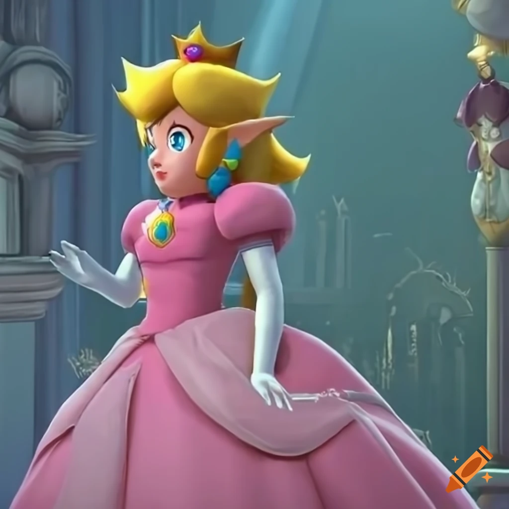 Link examining princess Peach's ballgown in a dressing room on Craiyon