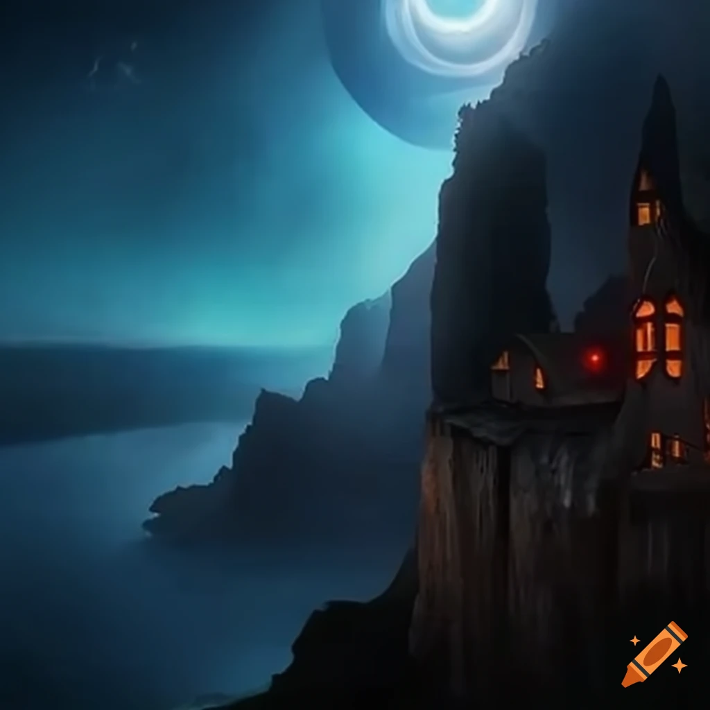 Spooky village on a cliff at night