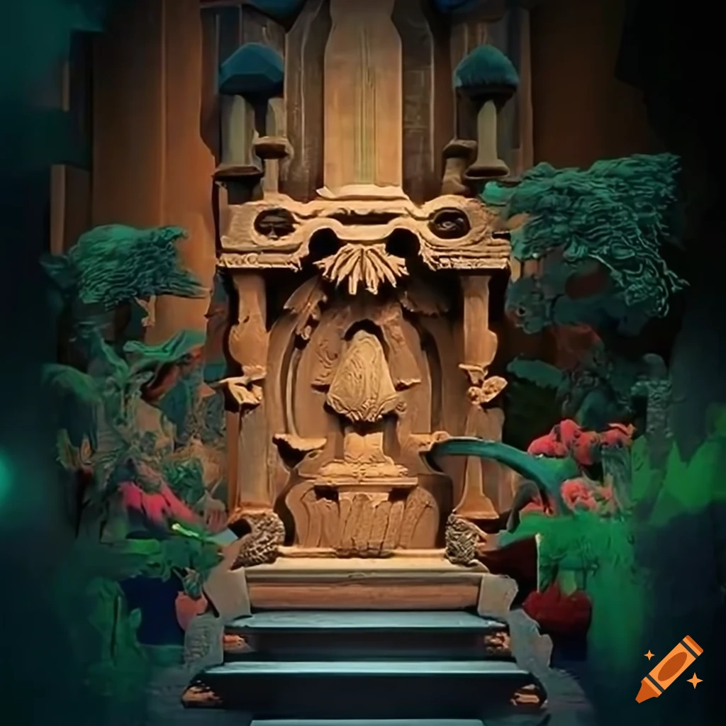 Stunning courtyard garden with architectural stave carving motif on Craiyon