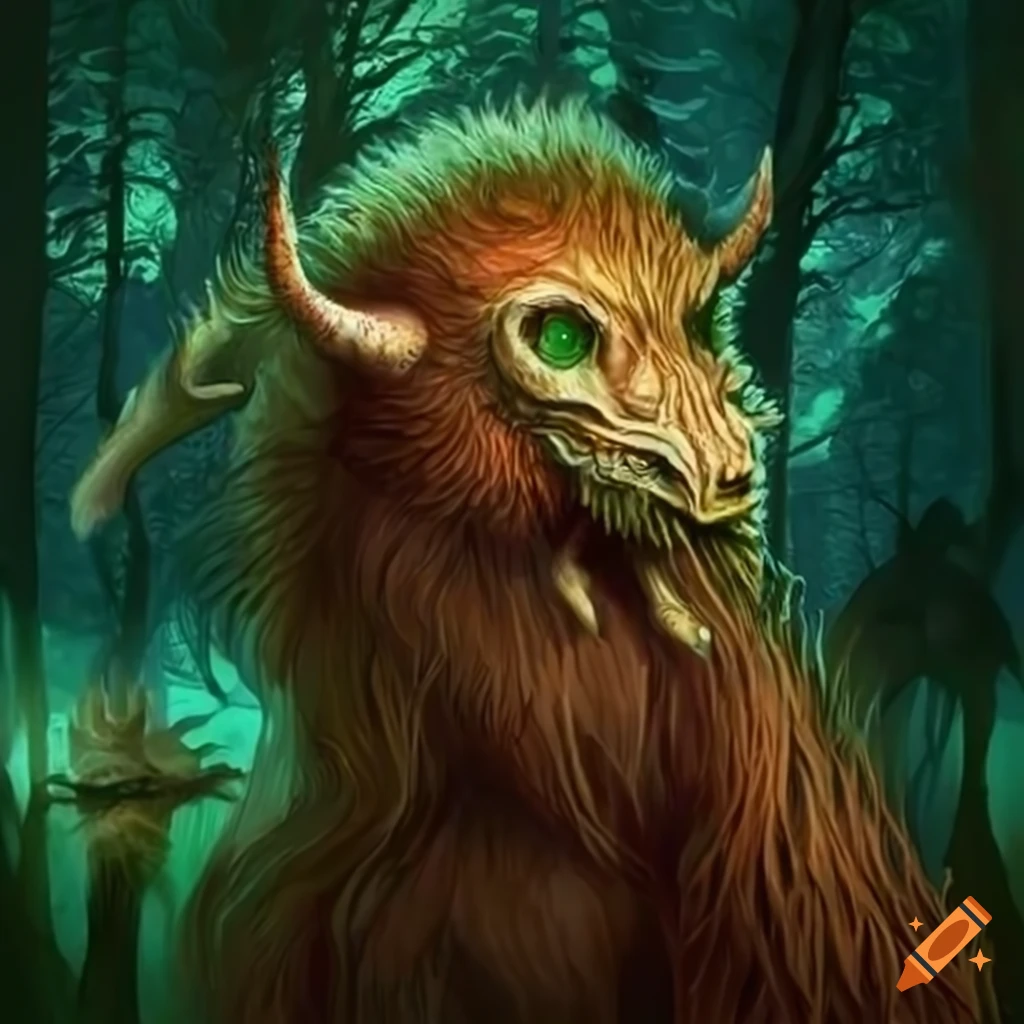 Art featuring a two-headed beast in a pine forest on Craiyon