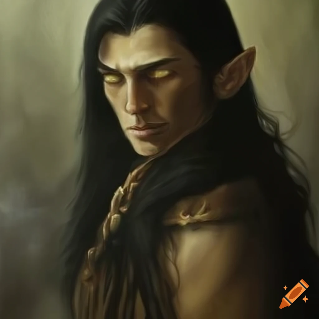 Portrait of a handsome elf male with blue eyes and long black hair on ...