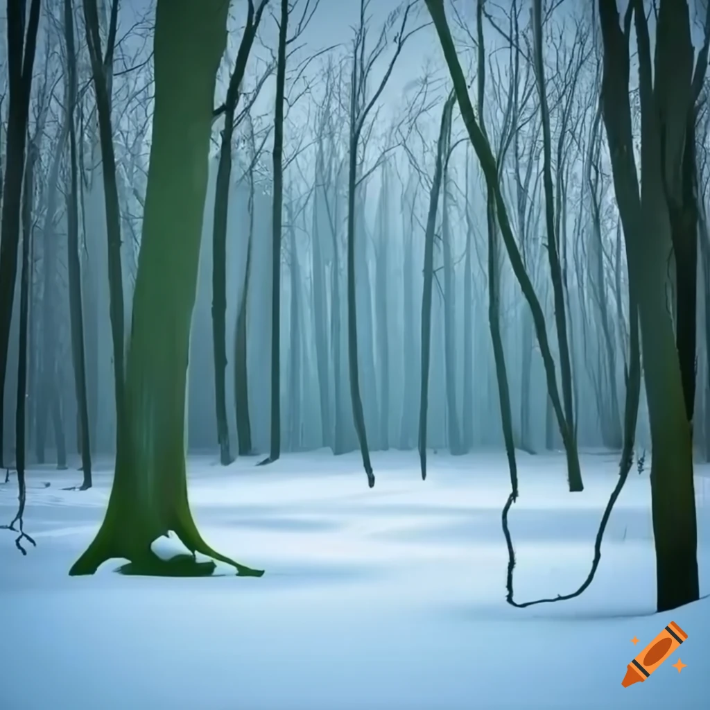 Snowy forest at night with dead trees on Craiyon