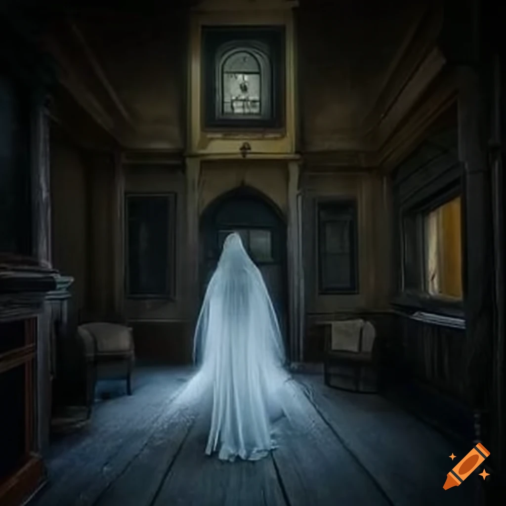 Spooky ghost peering through a tattered veil in a haunted room on Craiyon