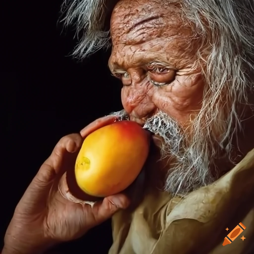 Realistic art of a person eating a mango on Craiyon