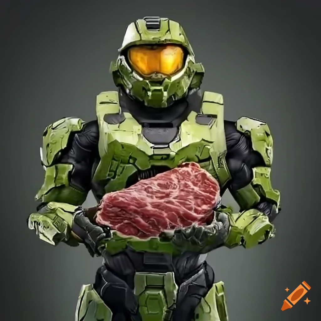 Master chief from halo with a mouthwatering steak