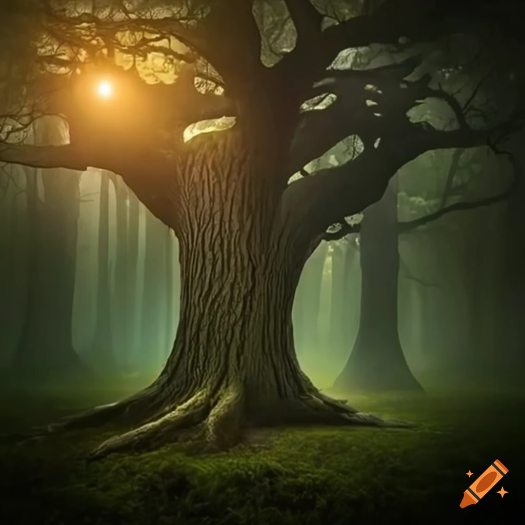Photo of a majestic oak tree in an enchanted forest at night