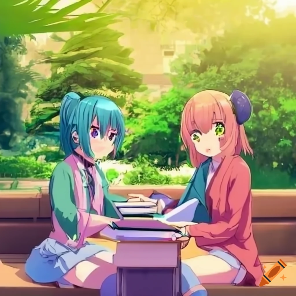 Anime girls discussing scientific books at a greeny terrace