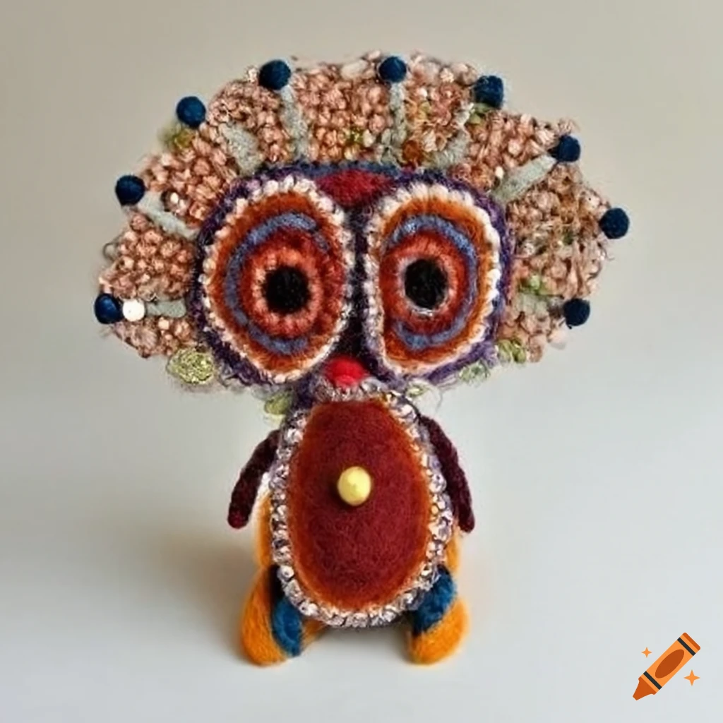 Fiber art sculpture of an aboriginal flower character
