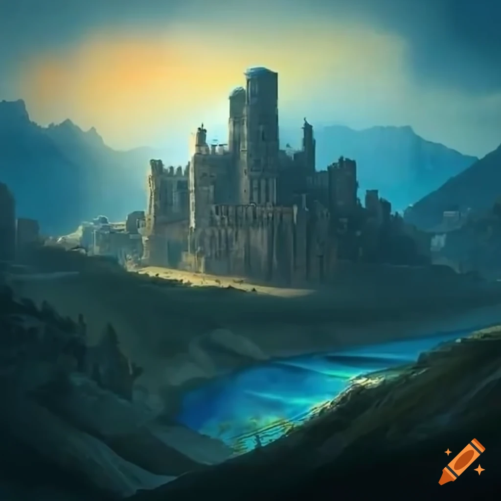 Medieval desert city with water plateaus and river on Craiyon