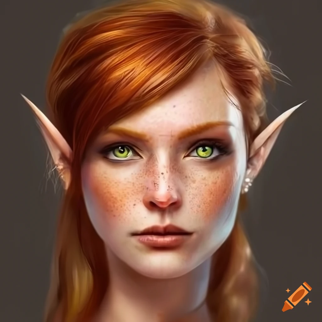 Portrait of a beautiful elven woman with auburn hair and green eyes