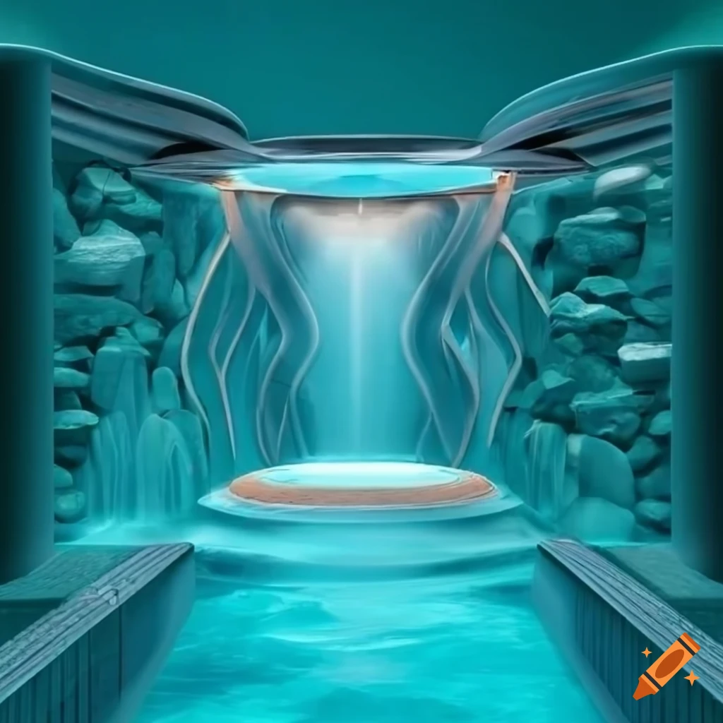 Surreal 3d rendering of an architectual spa with waterfalls on Craiyon