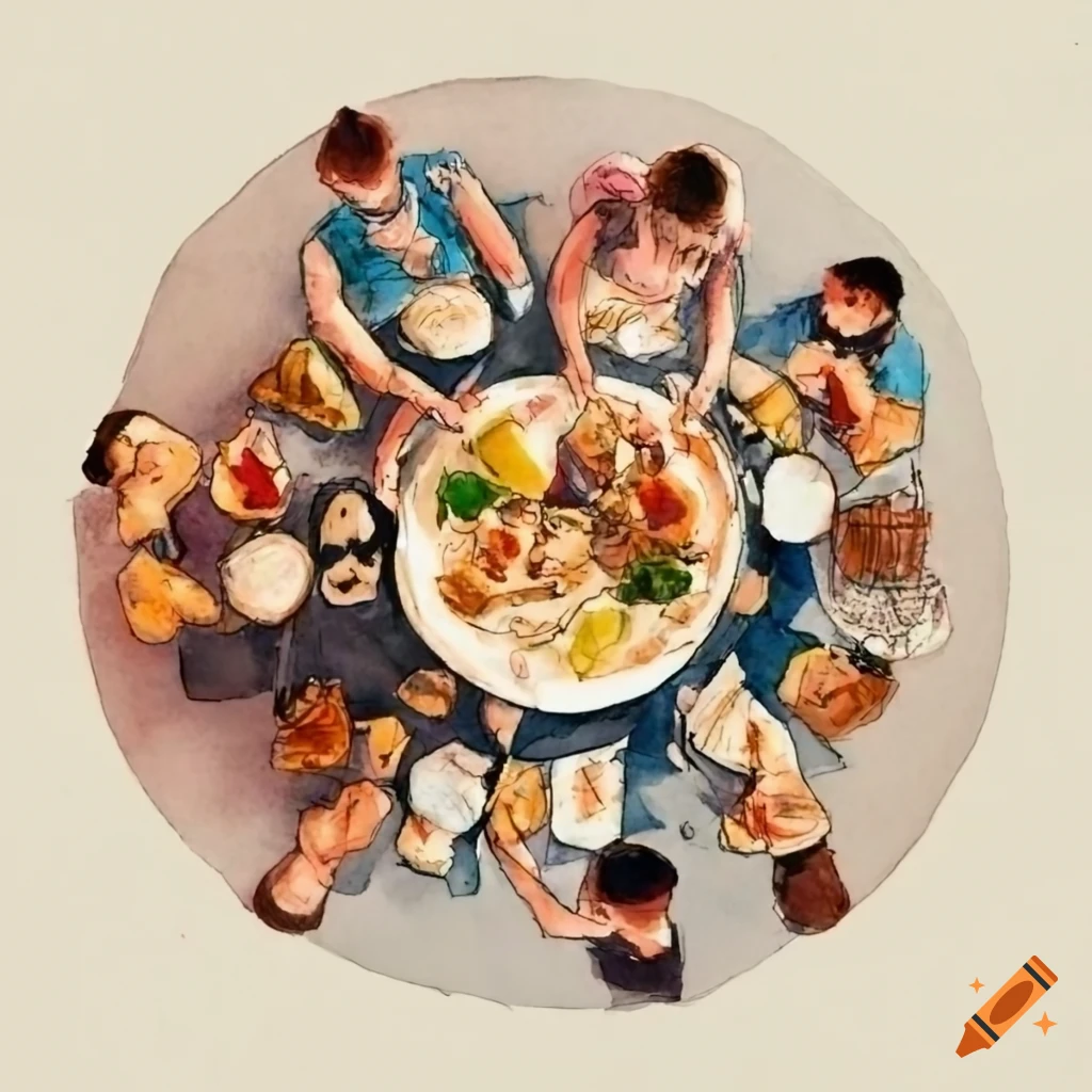 Ink and watercolor painting of a family having lunch on Craiyon