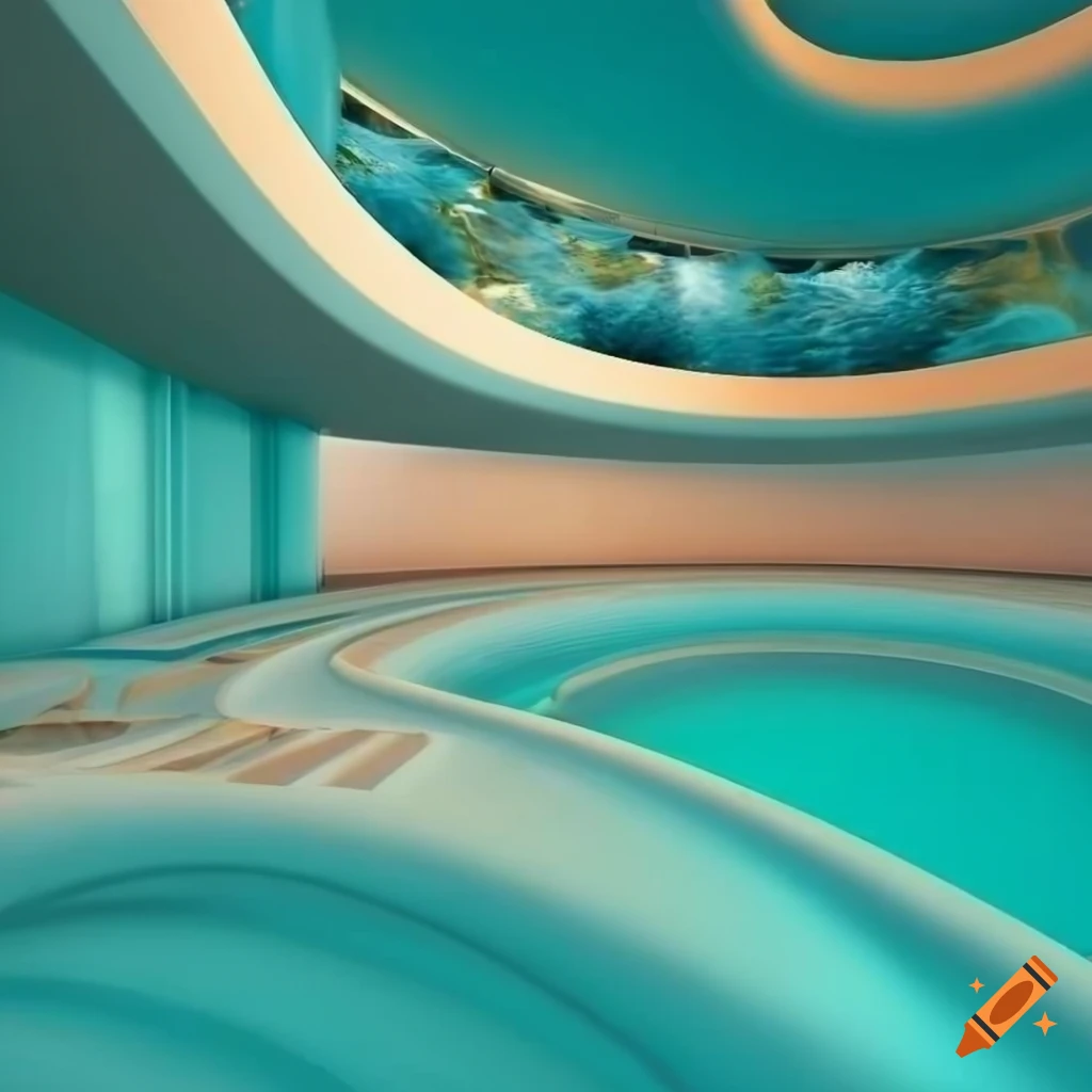 3d rendering of a surreal spa with pools and waterfalls