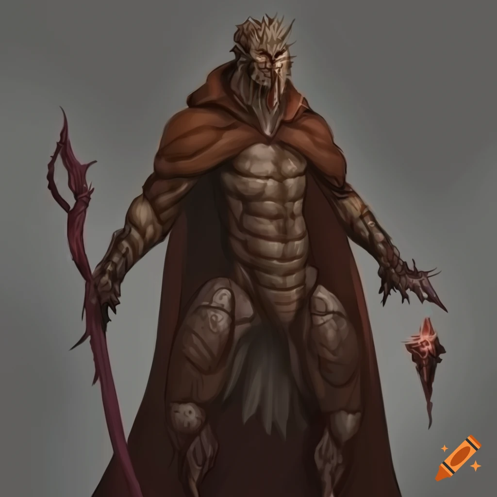 Image of a muscular black dragonborn with brown cloak and acid green ...