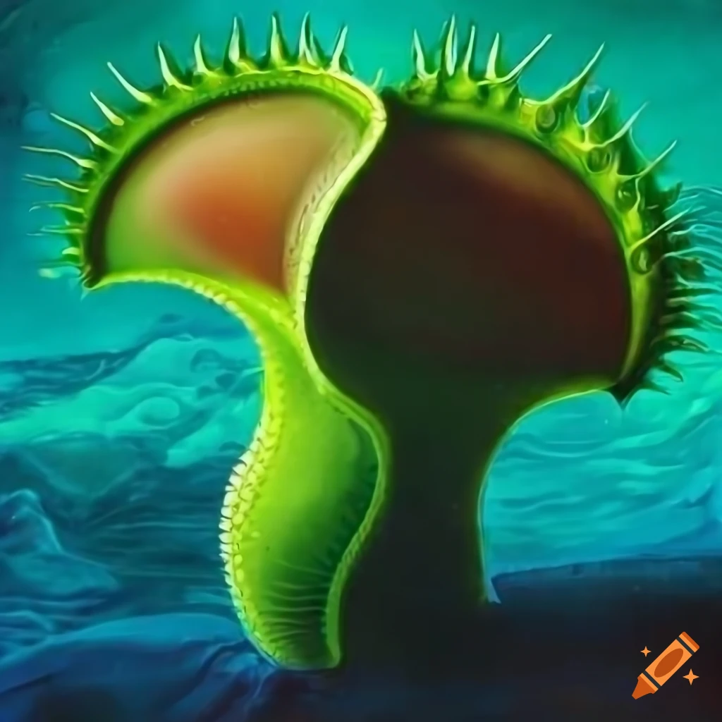 Green venus flytrap art inspired by 70s sci-fi on Craiyon