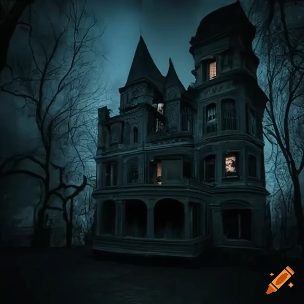 Imagen de una mansión encantada con sombras misteriosas en las ventanas ...